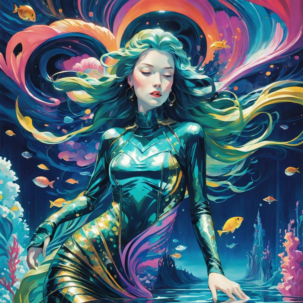 Cyborg Mermaid Dances in Art Nouveau-Inspired, Psy... - AI Art