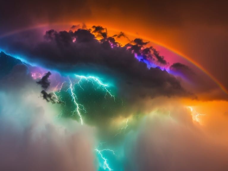 Epic huge rainbow storm over galaxy glowing postapocalyptic cyber city ...