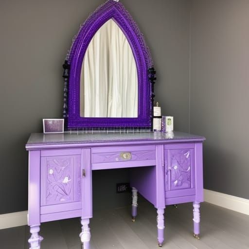 Ethereal Vibrant purple gothic vanity table with huge gothic mirror ...