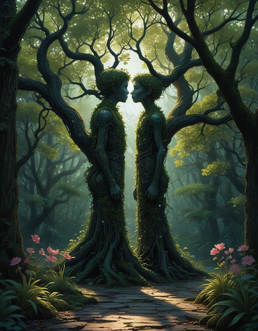 In a mystical forest, where ancient, sentinel trees whisper secrets to ...