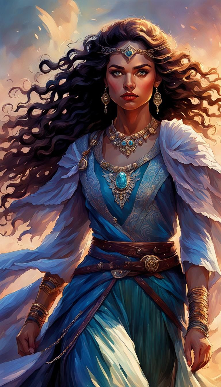 A rogue barbarian gypsy babe, curly dark hair, dress as if for a Royal ...