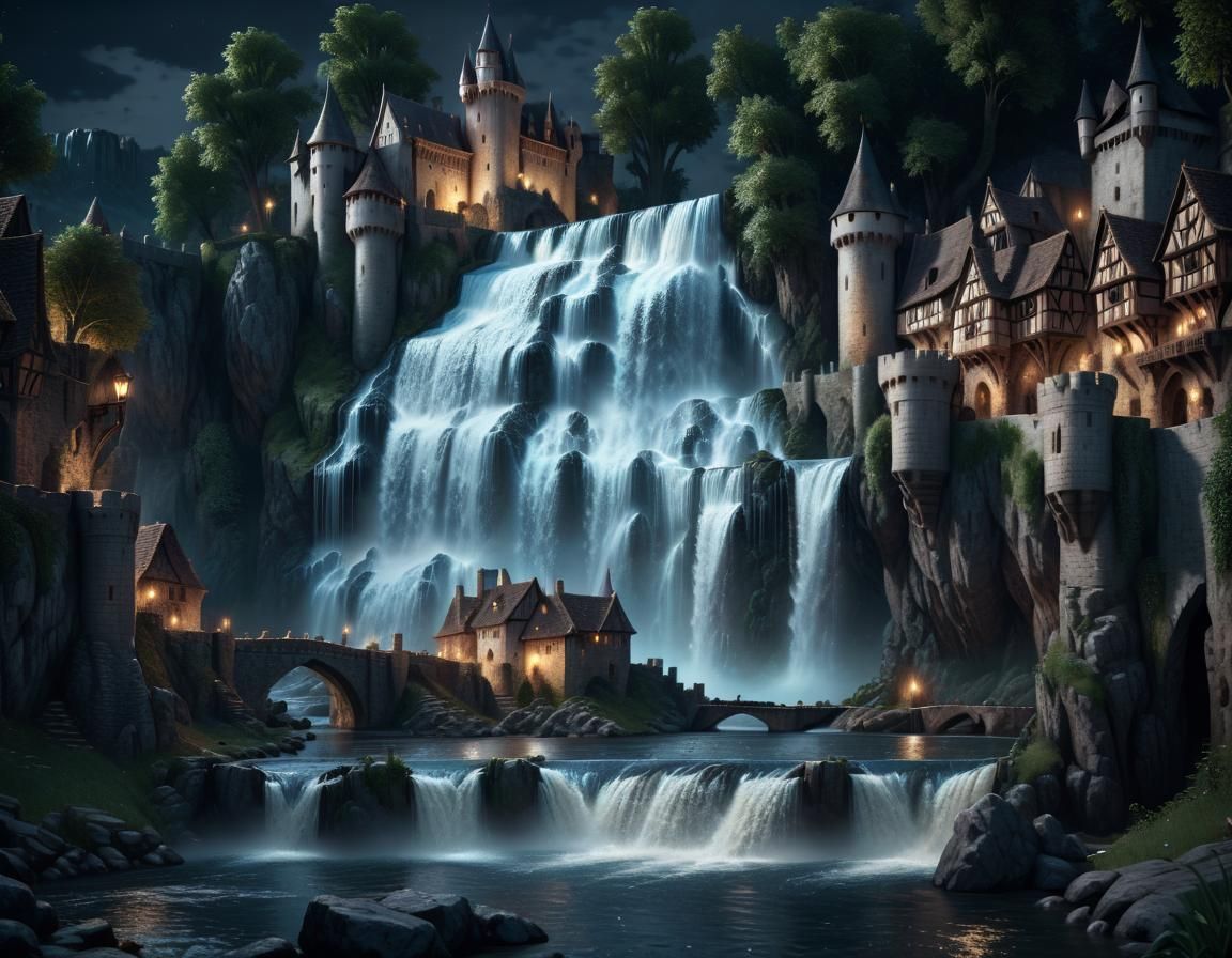 Waterfall Castle - AI Generated Artwork - NightCafe Creator