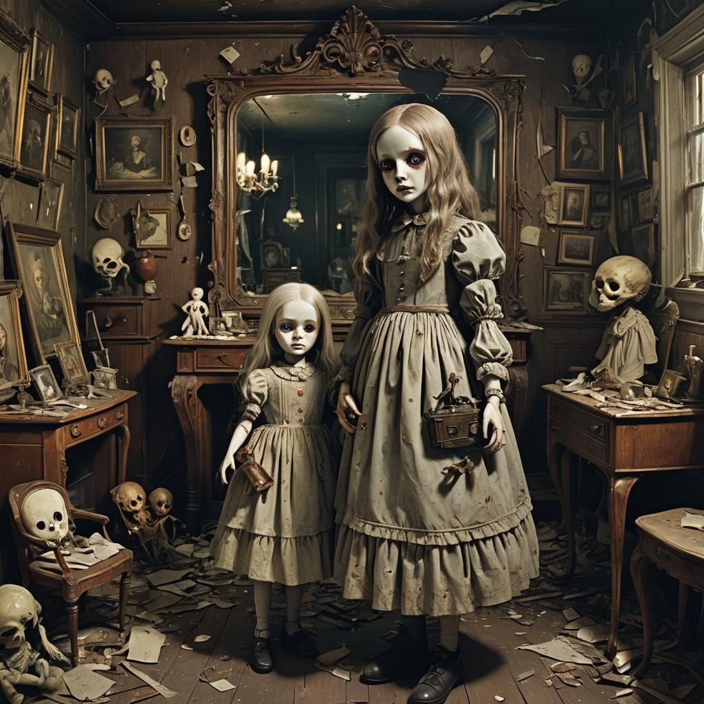 In a dim, decaying room, a pale girl stands clutching a sinister doll ...