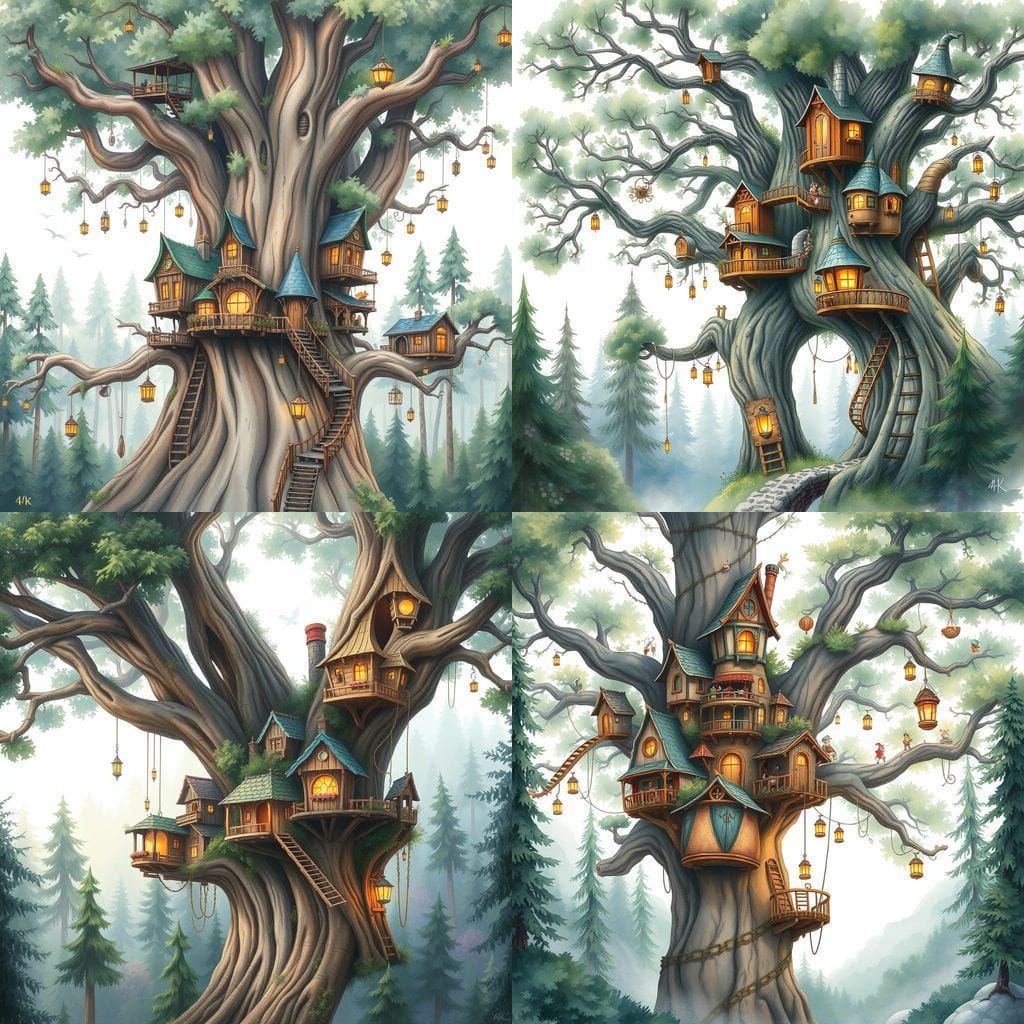 A whimsical treehouse village nestled in the branches of a giant ...