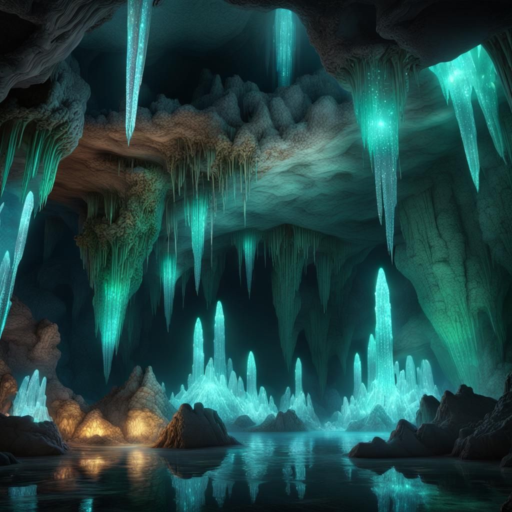 Magnificent cave with bioluminescent stalactites stalagmites shining ...