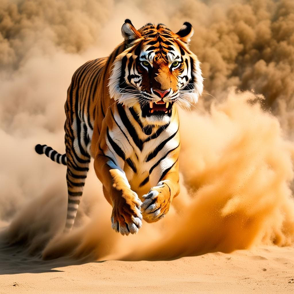 Ferocious tiger leaping our of sand storm, vivid colors on the tiger ...