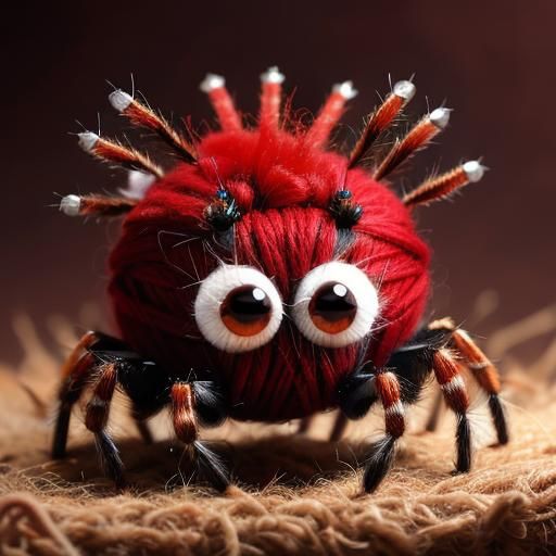 Cute and fluffy tiny red baby spider. knitted yarn. wool. fluffy ears ...