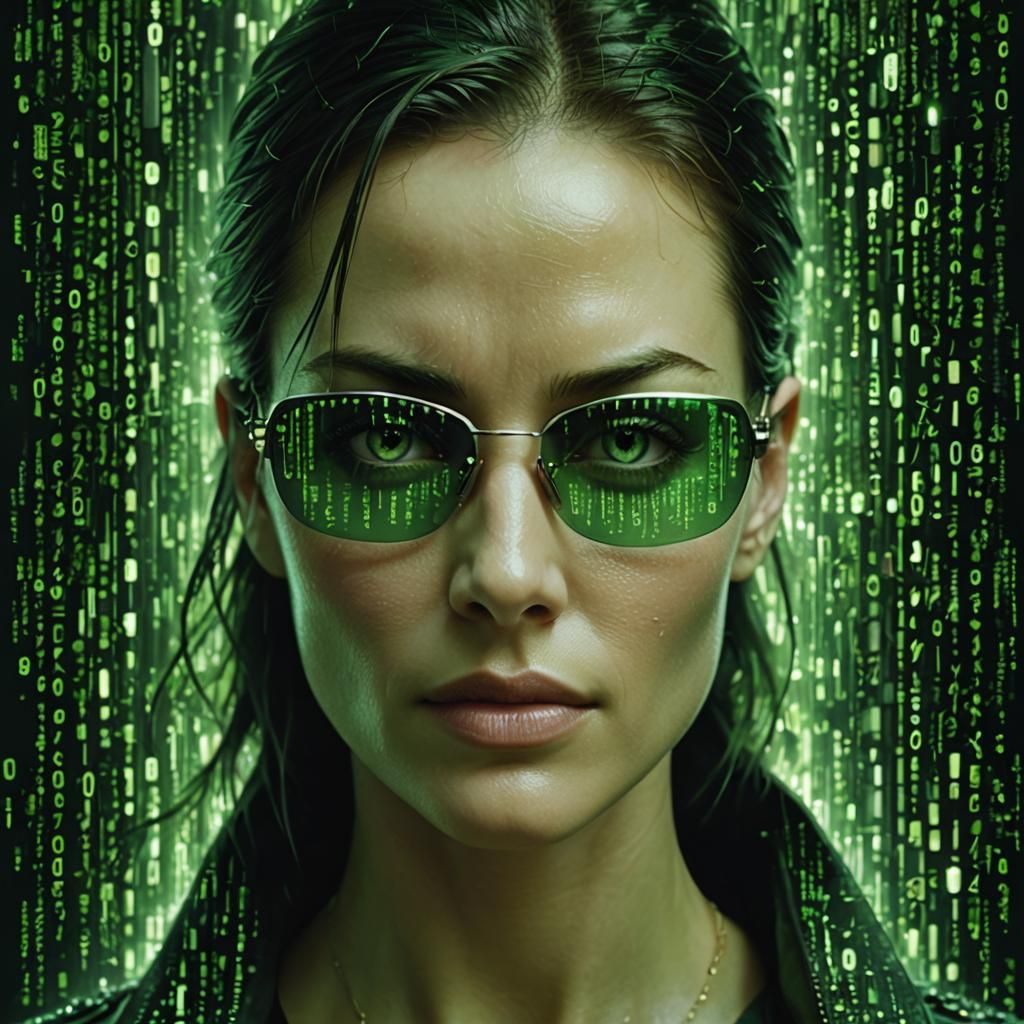 The Matrix hologram, a beautiful face of woman in binaire code, light ...