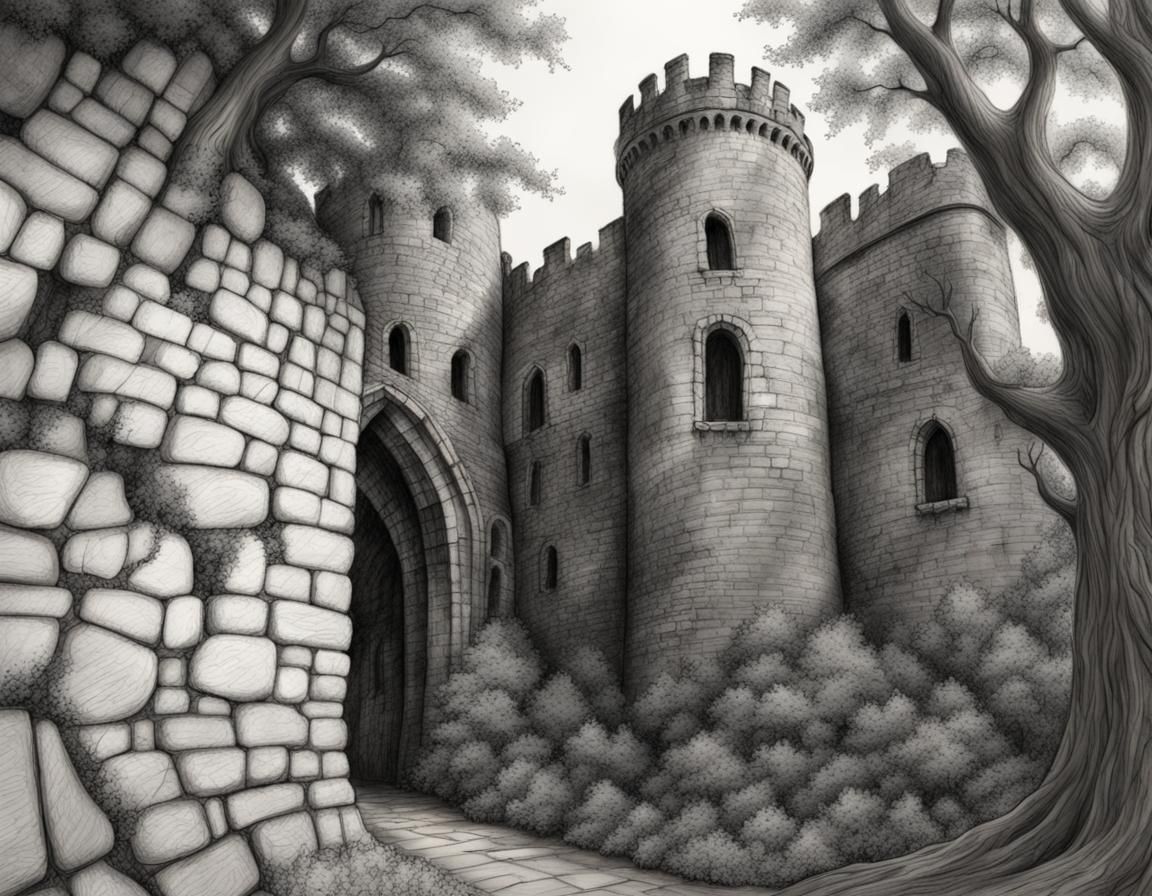 cinematic ruined castle walls, detailed cracks, close up, first person ...