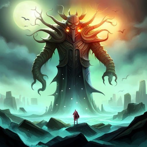 An epic Cthulhu rising out of the ocean, surrounded by a dark and eerie ...