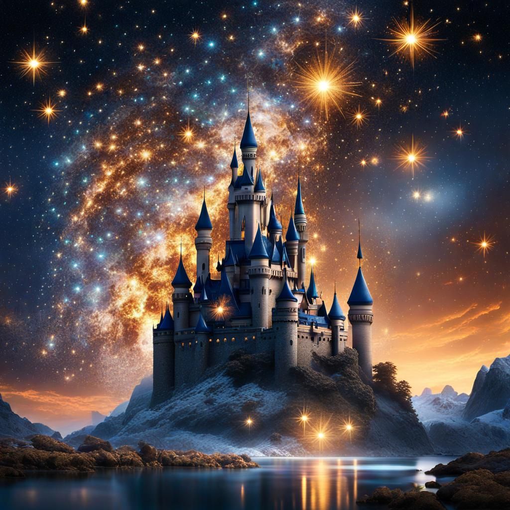 Magical castle, Beautiful glitter rain, flying Golden particle glitter ...