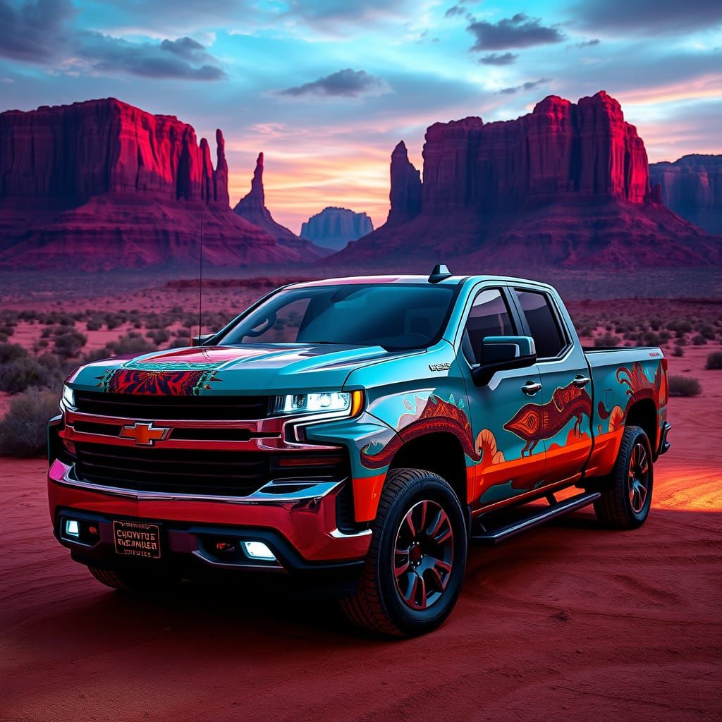 Sleek Cyberpunk Pickup Truck in Arizona Desert Lan... - AI Art