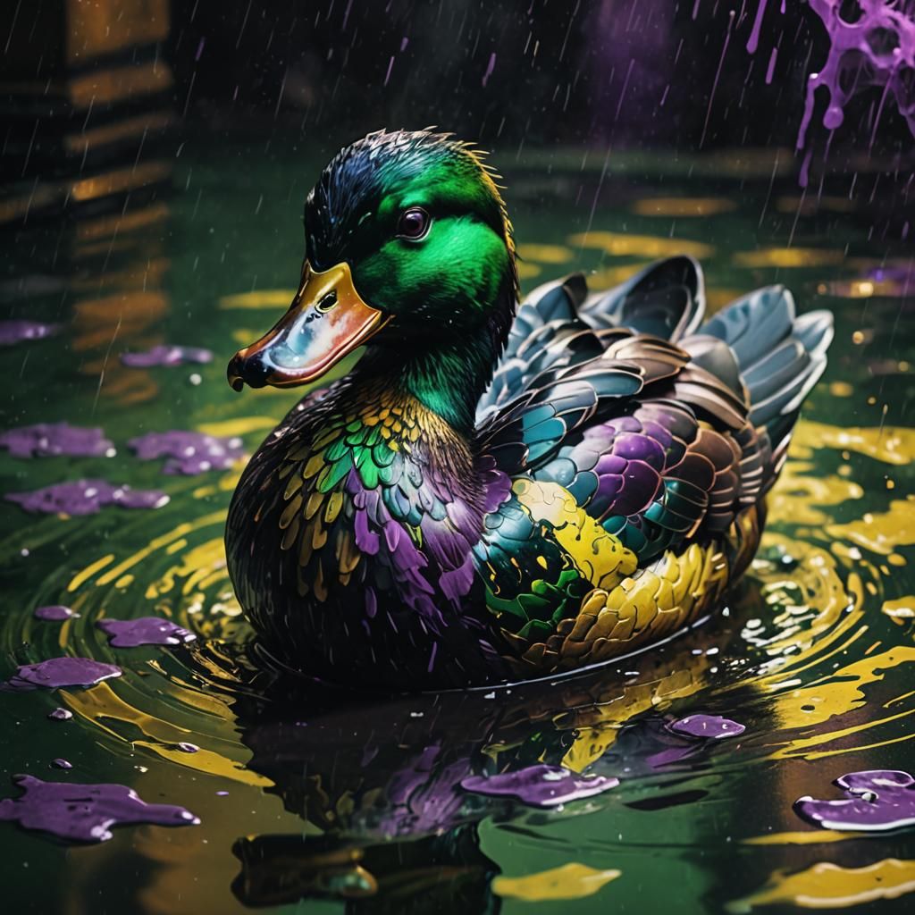 Renaissance painting of a cyberpunk duck in the style of Caravaggio. Splash art, colours green ...