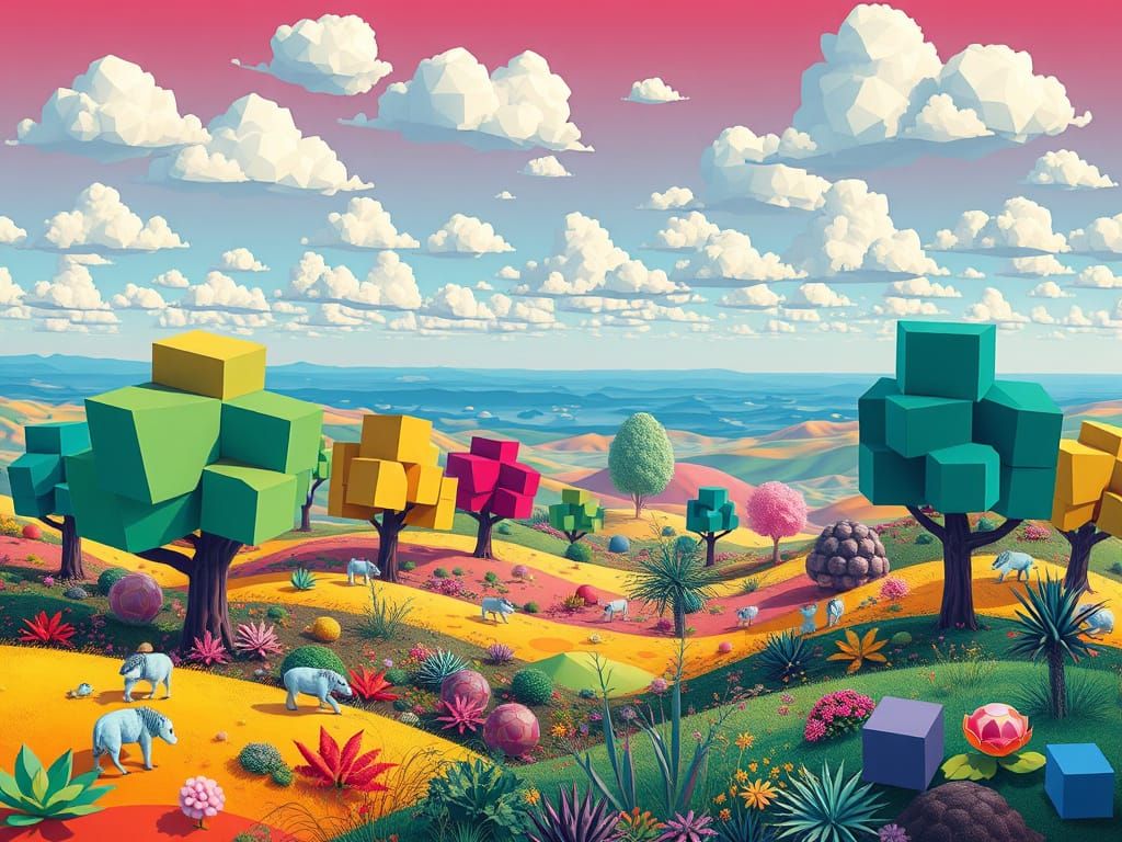 A landscape comprised entirely of rectangular trees, plants, animals ...