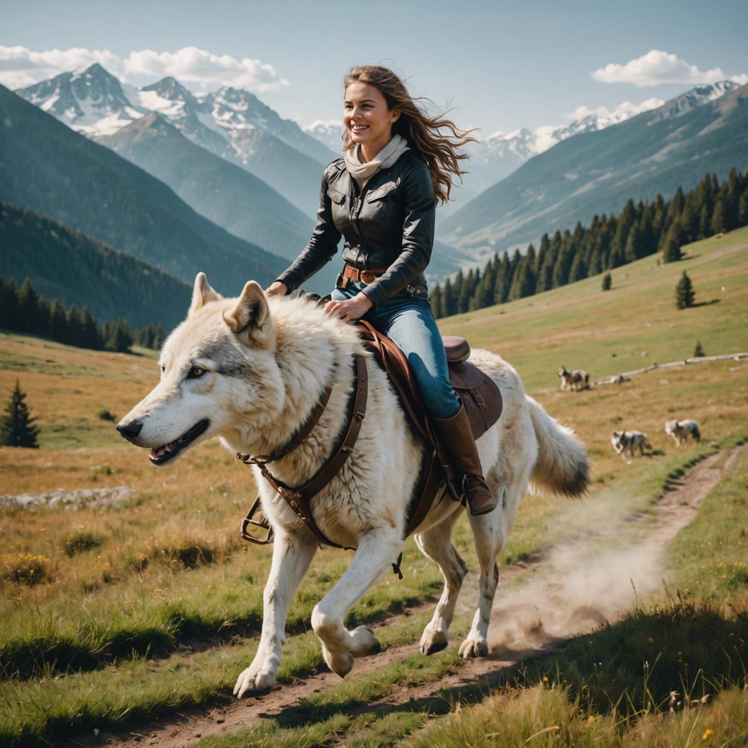 Girl riding big whit wolf wearing leather saddle, happy, running though ...