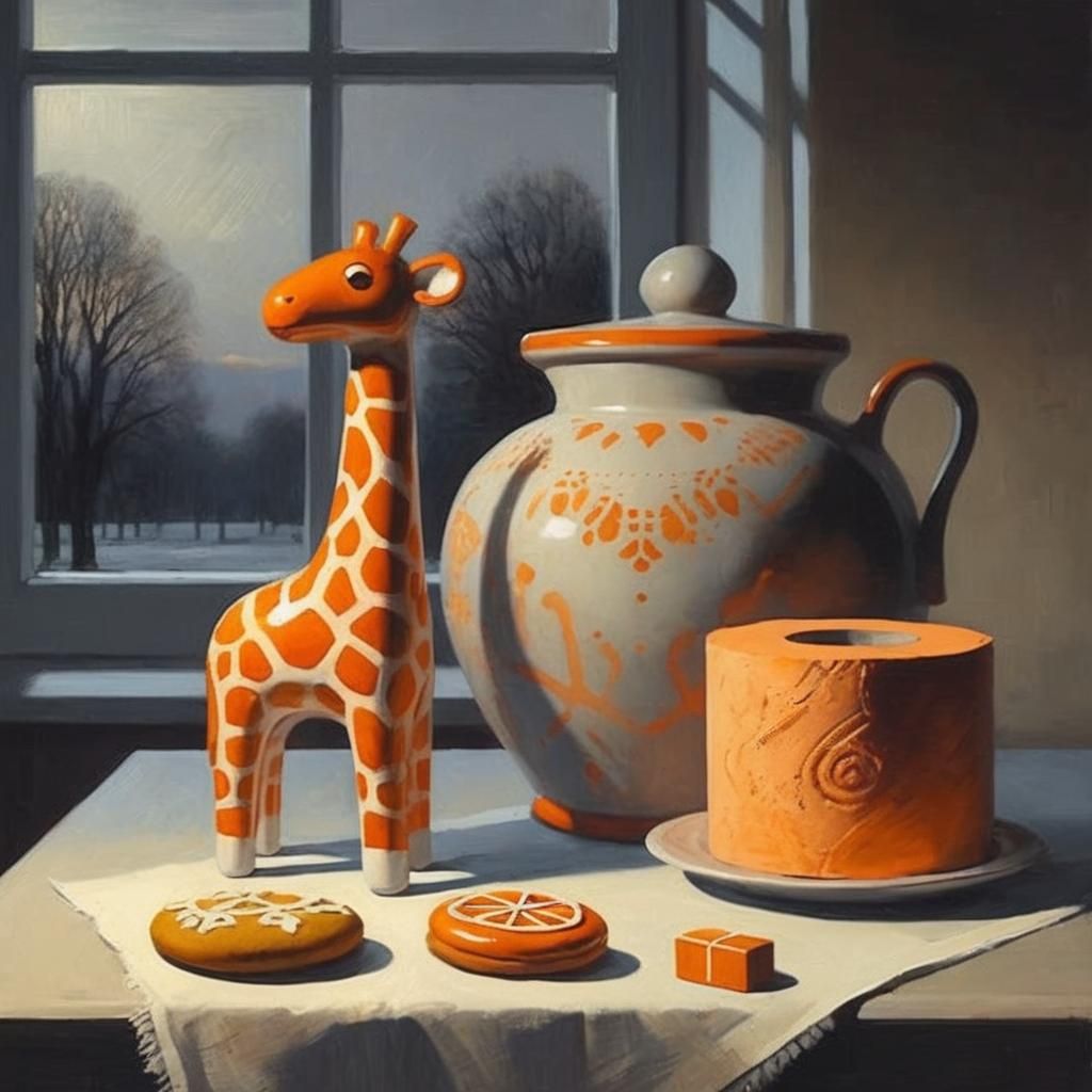 A scared girl running out of a church carrying a cross, orange colors ...