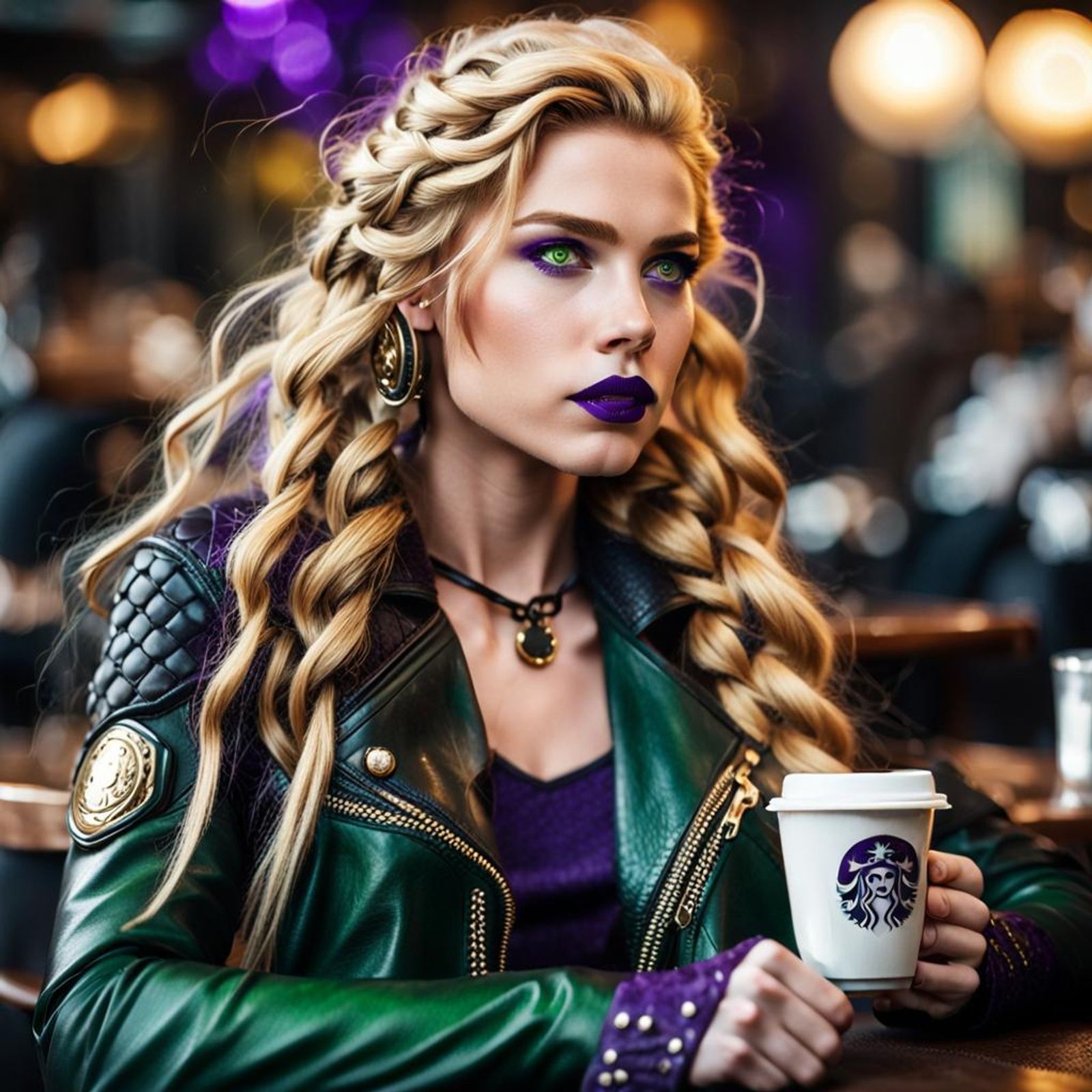 Valkyrie with Viking features, wavy golden hair that has purple strands ...