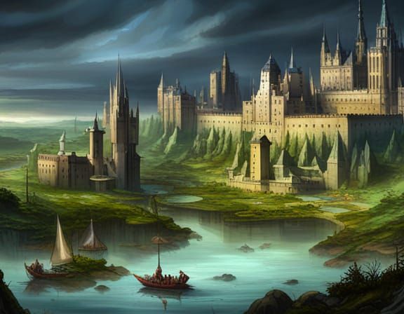 distant view of a big capital fantasy medieval city. on the north are ...