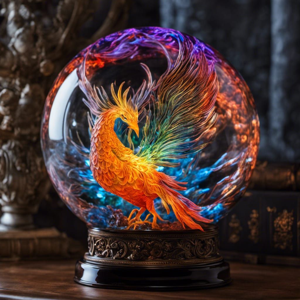 blown glass rising phenix in a glass sphere, very detailed, colorful ...