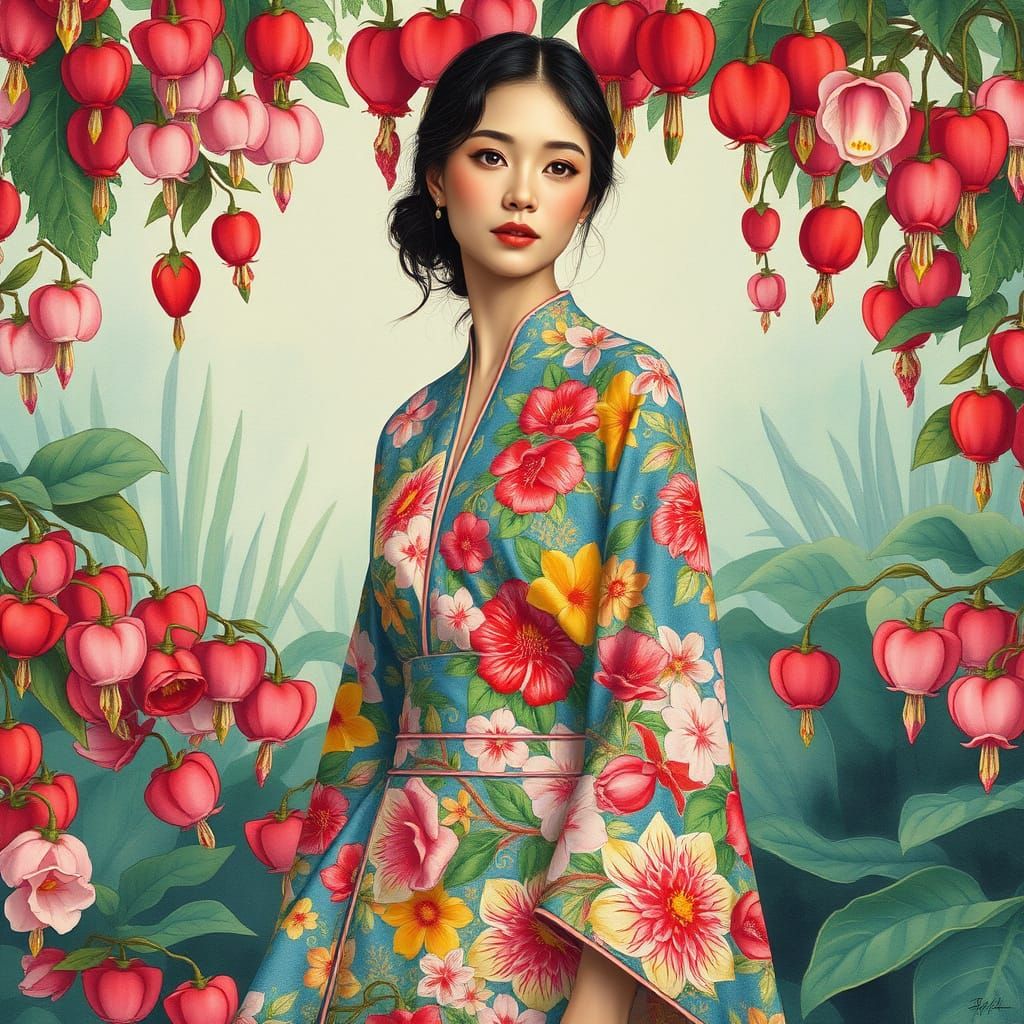 Elegant Asian Woman Amidst Vibrant Blooms in Impre... - AI Art