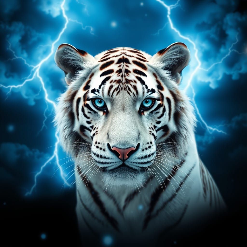 Lightning Tiger - Regal White Tiger Under Electric Blue Skie...