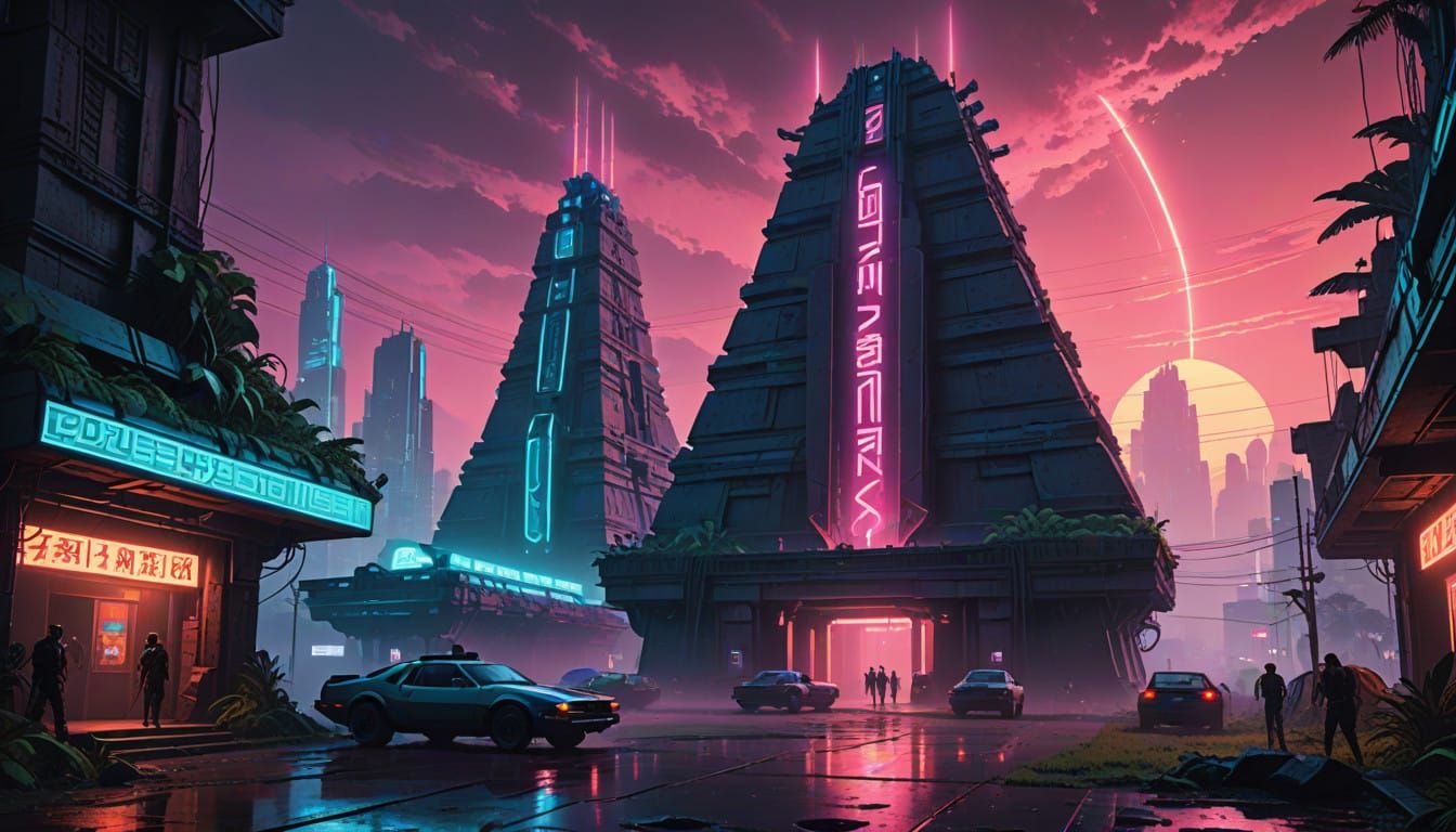 Ancient Mayan Temple Transformed in Neon Cyberpunk... - AI Art