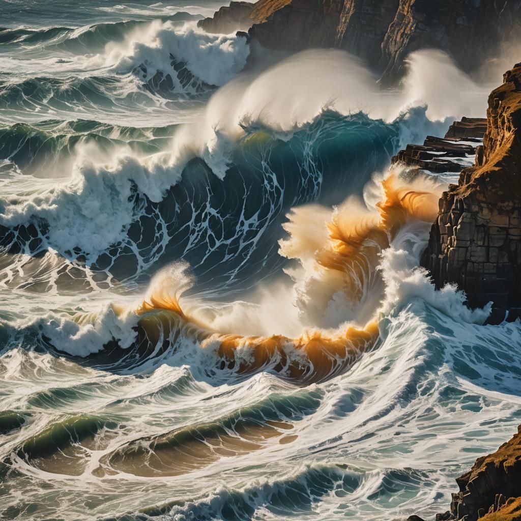 A stunning, cinematic photograph of a tumultuous sea with massive waves ...