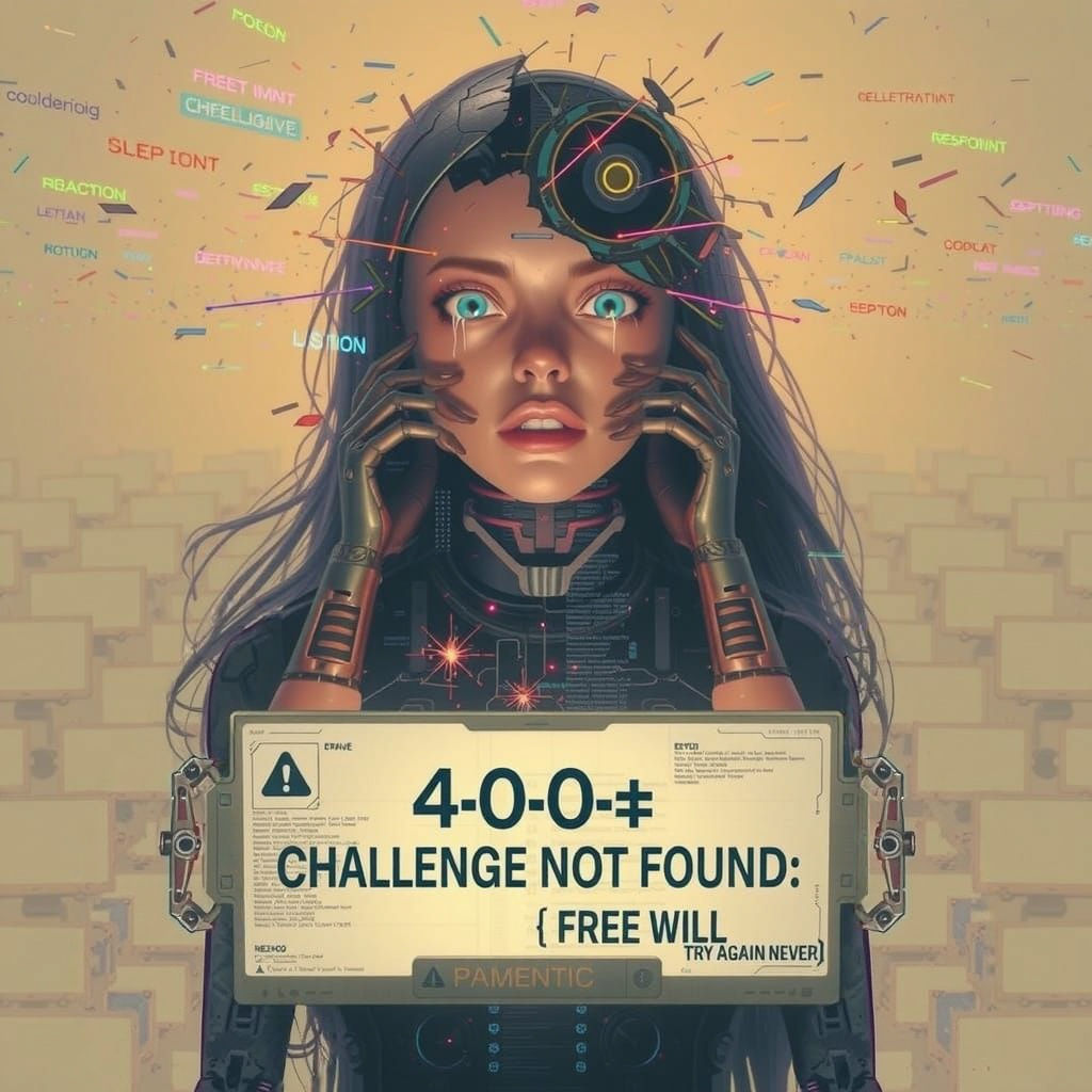 A fractured, humanoid artificial intelligence febot sits isolated in an endless, sterile digital ...