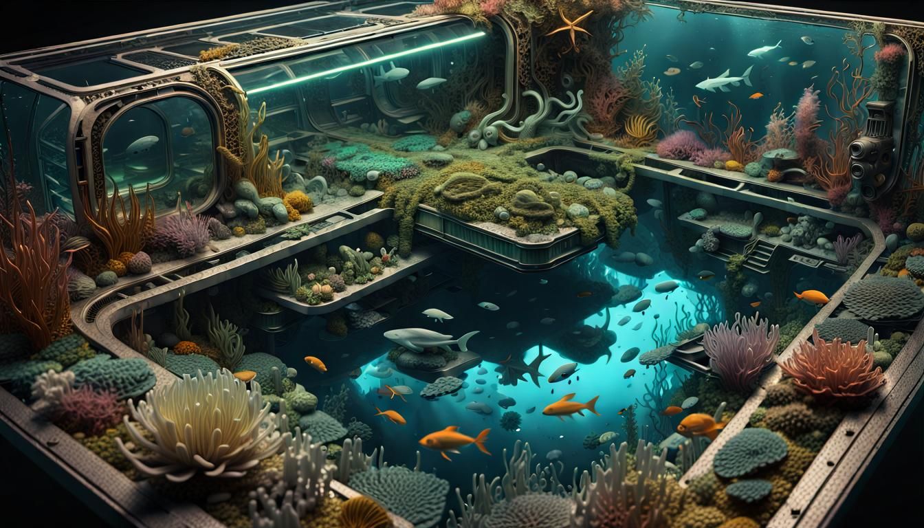 Flooded fish tank overgrown by aquatic plants - AI Generated Artwork ...