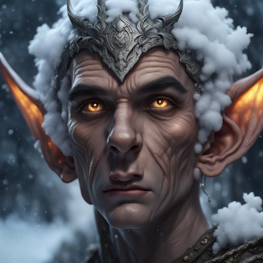 Huge elf giant, big ears, smoke, snow lights, powerful portrait - AI ...