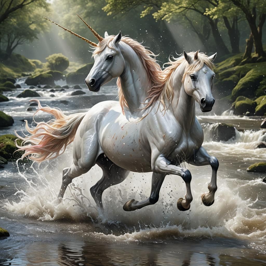 A unicorn running through a stream with water splashing on the side ...