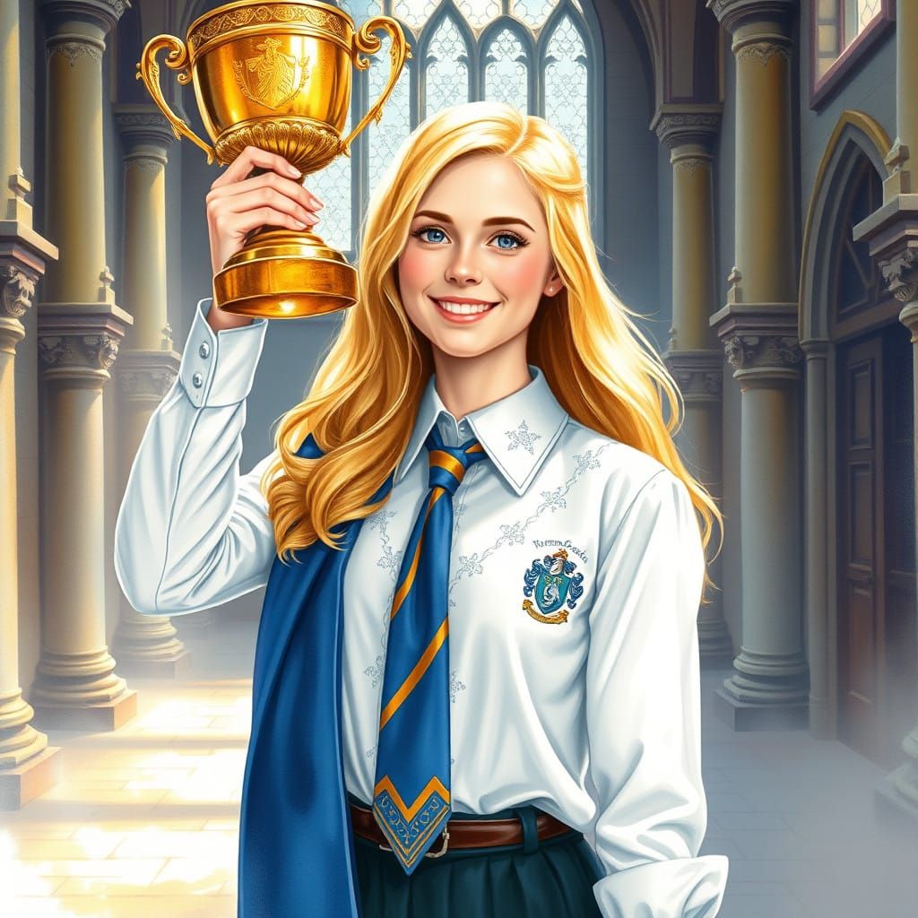 This image shows a detailed portrait of a blonde Ravenclaw student ...