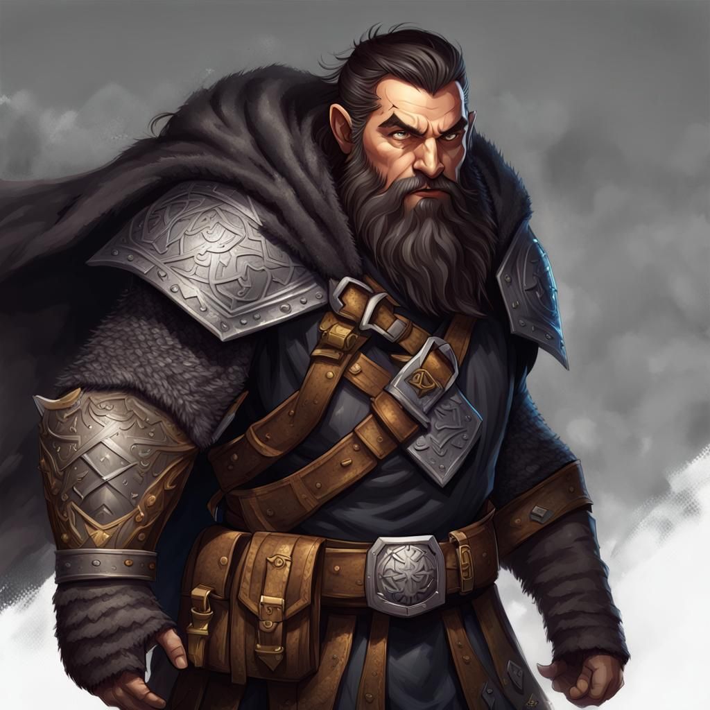 D&D Character portrait, Strong looking dwarf with dark fur cloak over ...