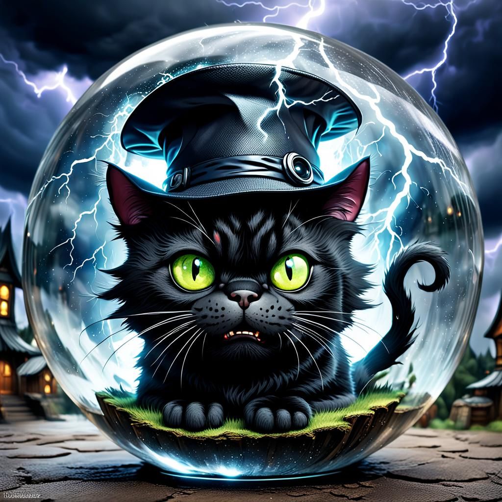 "an aggressive but cute exaggerated black cat in a hat in glass orb in ...