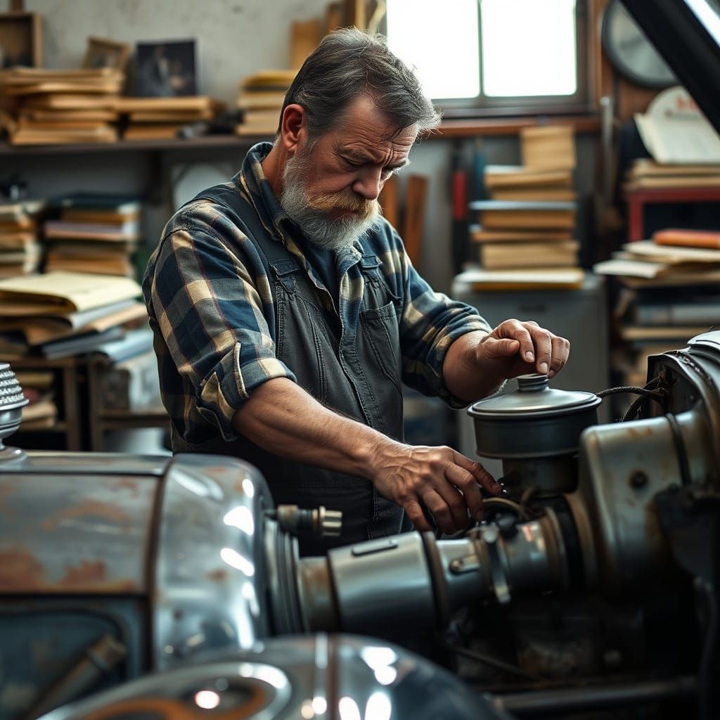 A mechanic - Grizzled Mechanic Tinkers with Vintage Car in R...