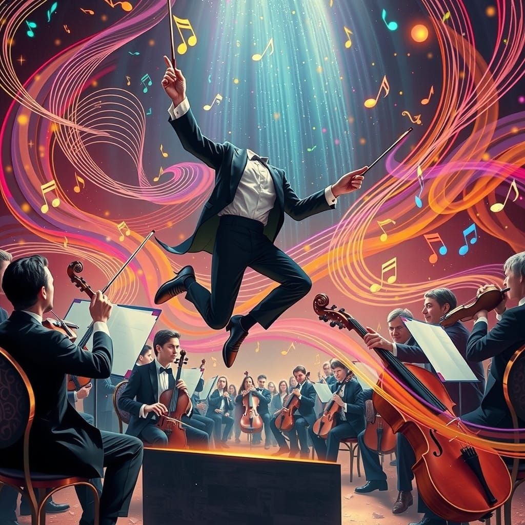 AI FAIL- Digital masterpiece of an orchestra/ musical notes rise above ...