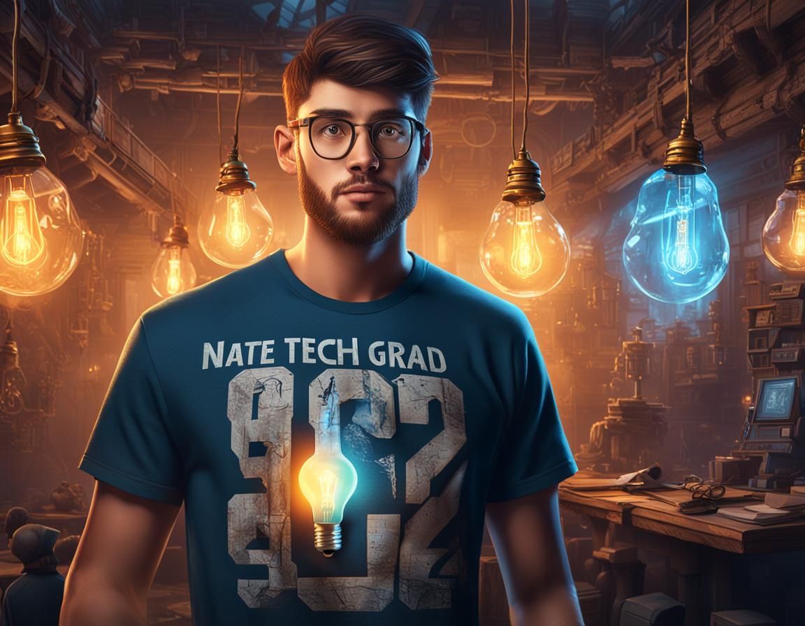 Millenial man with name "Nate Tech Grad 2022" on his tee shirt ...
