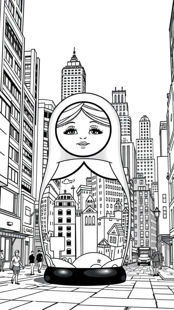 Giant Matryoshka Nesting Doll Using Camouflage To Infiltrate a City