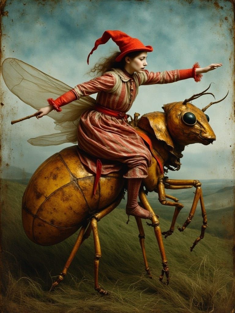 Dutch Renaissance Jester Dwarf on a Giant Insect - AI Art