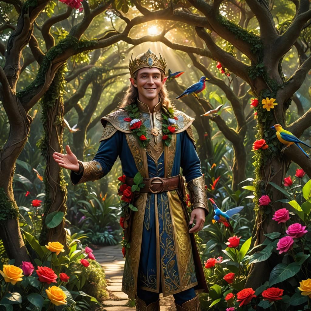 Elf king welcoming us, smiling, arch with tree branches, sun rays ...