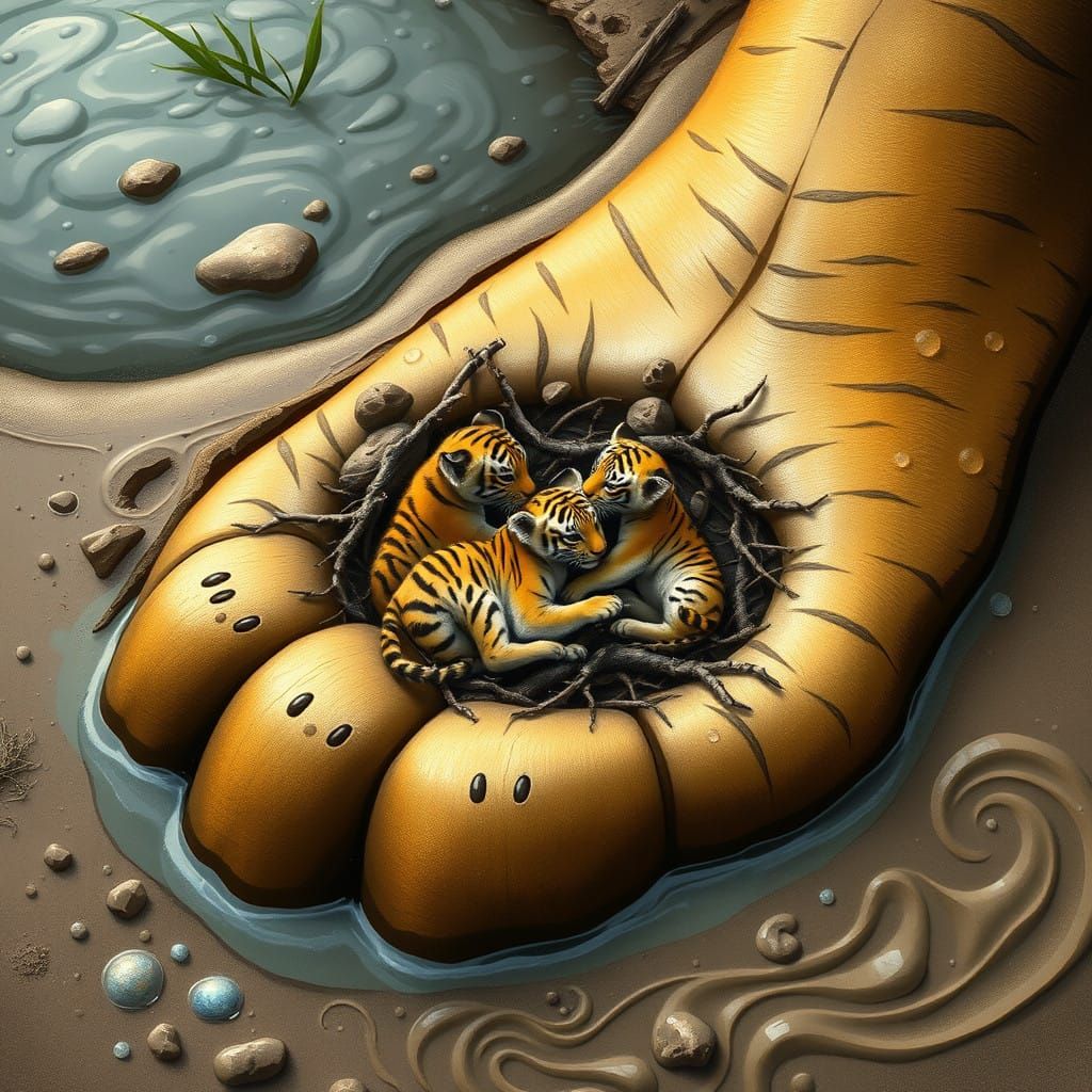 Surreal Tiger Footprint Scene with Golden Baby Cub... - AI Art