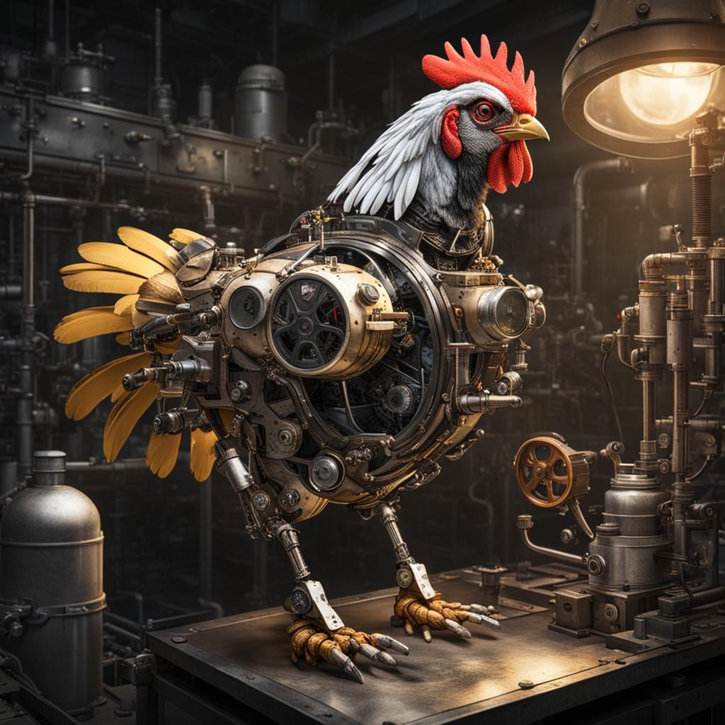 An robotic chicken, looking like Terminator, in a laboratory which is ...
