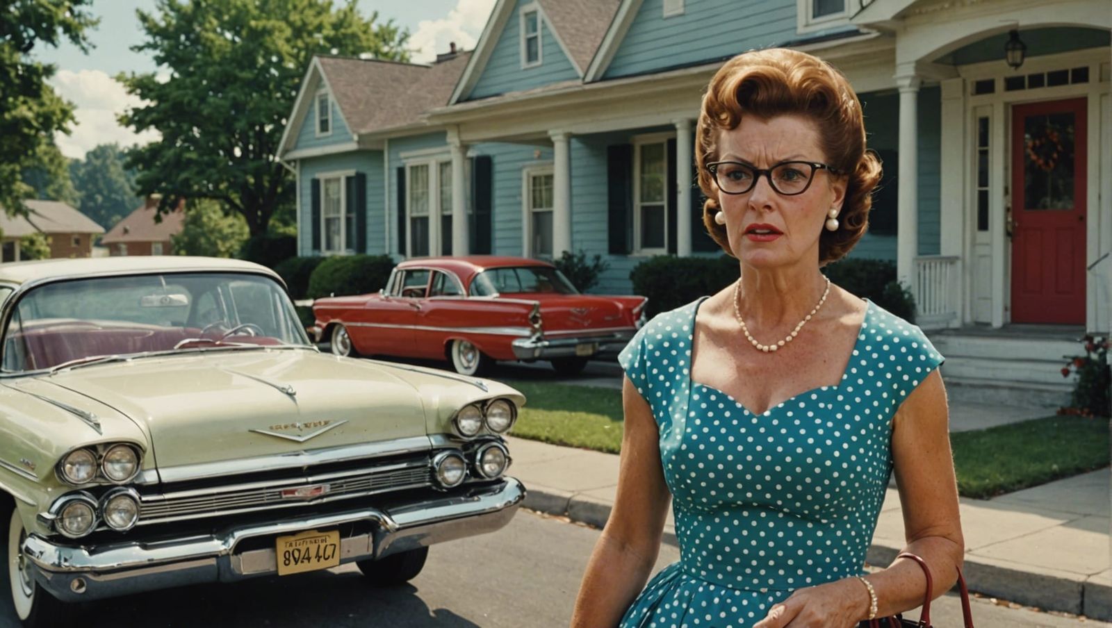 A angry housewife with 1959 era glasses and polka dot dress - AI ...