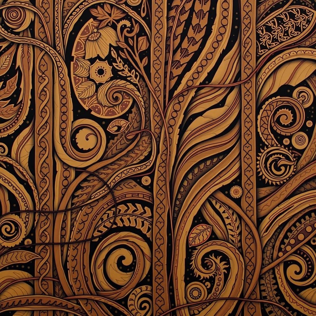 abstract new zealand bush::(Punga, ferns. stream, Rimu trees, Kauri ...