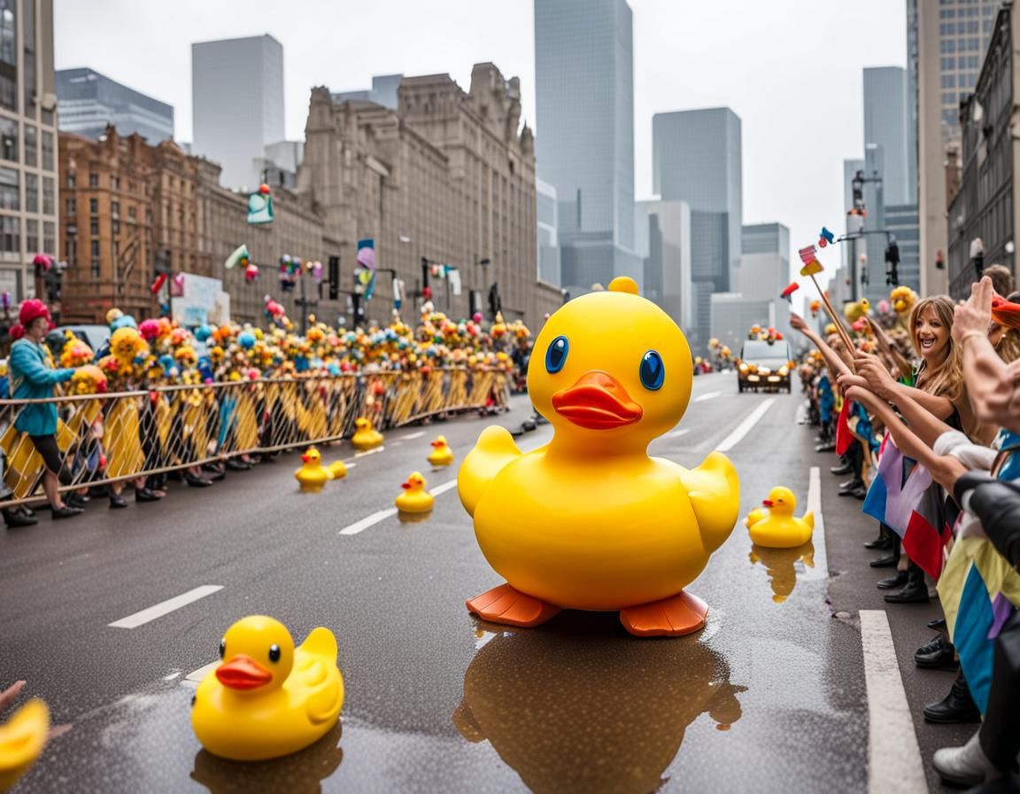 A yellow rubber duck leading a parade of fantastical creatures through ...