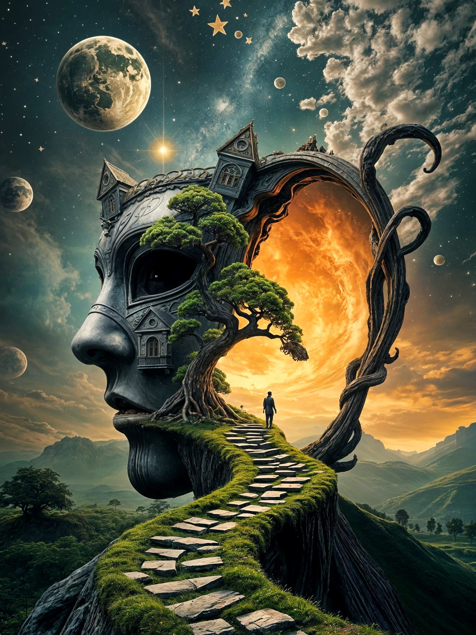 Mask Gate - Surreal Cosmic Landscape within a Cracked Masque...