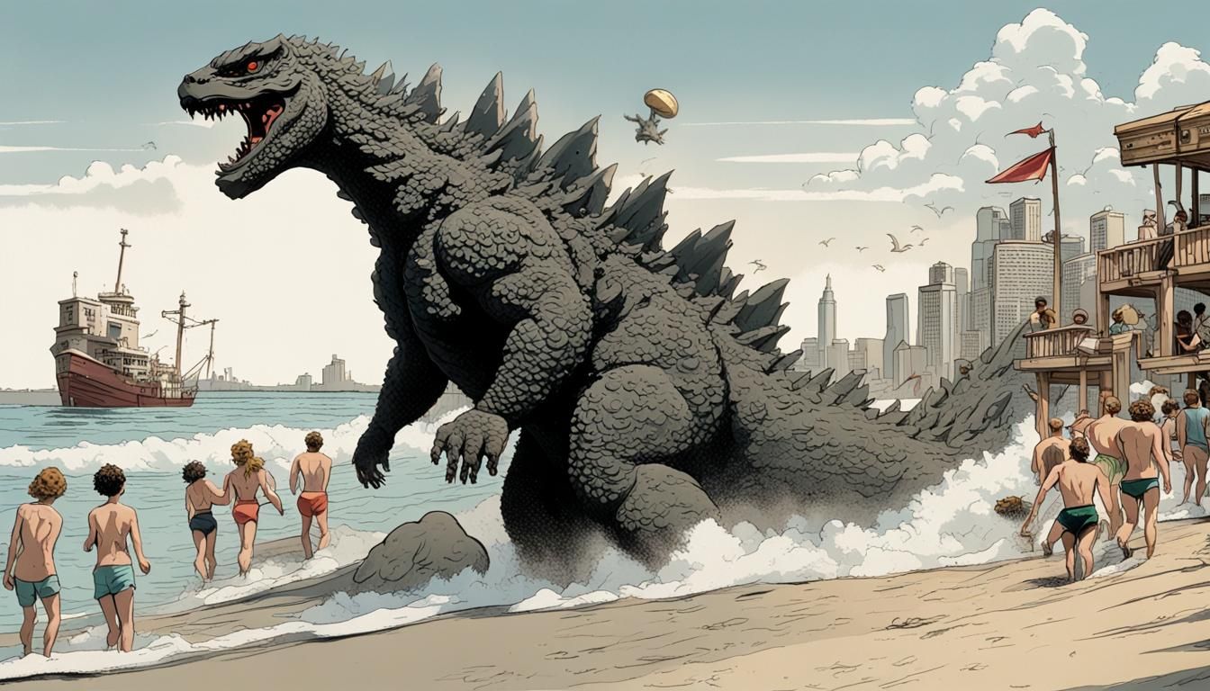 Godzilla on a Crowded Beach - Monster Beach Invasion in Trea...