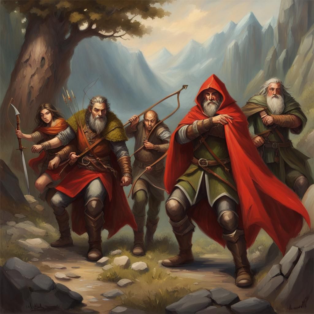 An oil painting that has a Half Human Elf Ranger in Red Olive Green ...