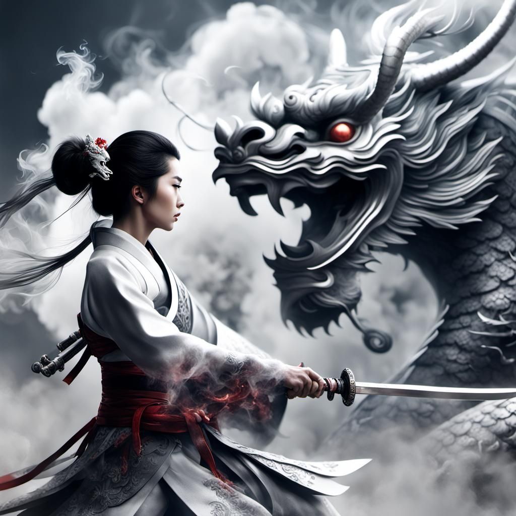 Masterpiece Monday (Samurai Geisha fights against a Dragon ) - AI ...
