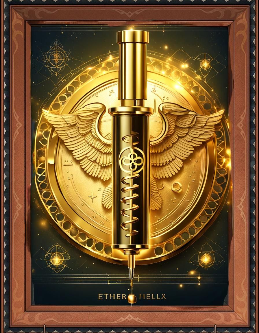 (a golden medical Injection) with (etherial golden 'DNA helix symbol')